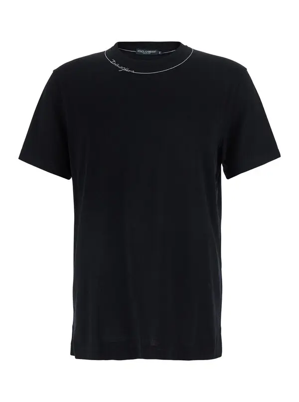 Dolce & Gabbana Crew Neck T-shirt With Logo Lettering On The Neck In Cotton For - Black