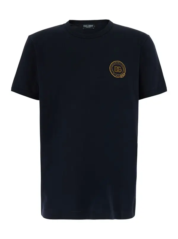 Dolce & Gabbana Blue Crew Neck T-shirt With Logo Embroidery On The Front In Cotton For - Multicolor