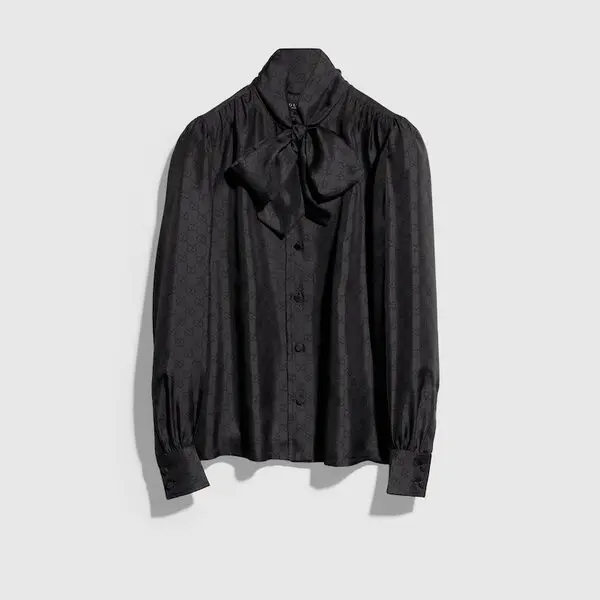 Gucci Printed Silk Twill Shirt With Bow Detail - Black