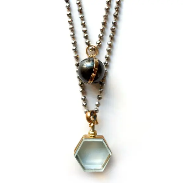 Persia Donà Jewelry Vintage Locket Pearl Pyrite Necklace - Silver