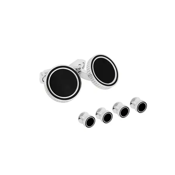 Tateossian Silver / Black Thompson Tambor Cufflink Stud Set In White Bronze Plated With Onyx - Silver/black