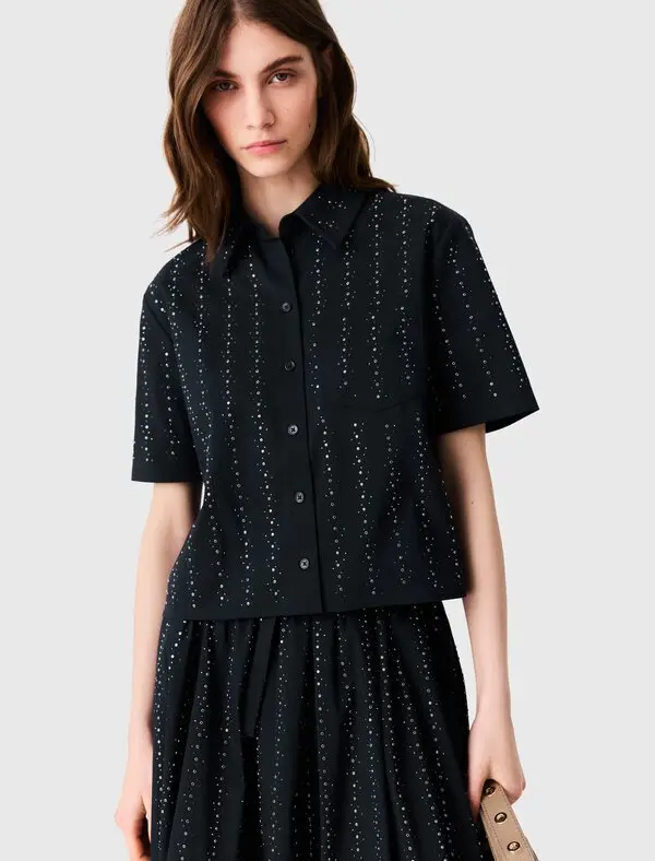 Maje Cropped Rhinestone Cotton Shirt