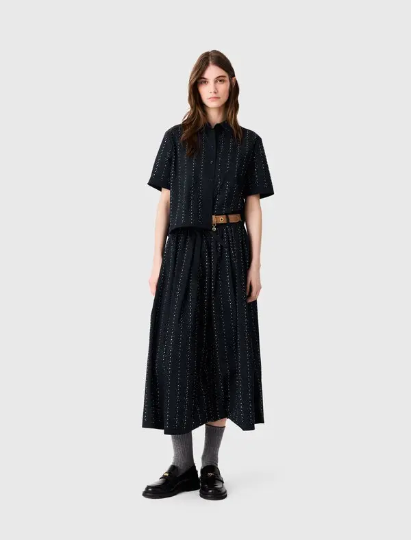 Maje Long Rhinestone Cotton Skirt