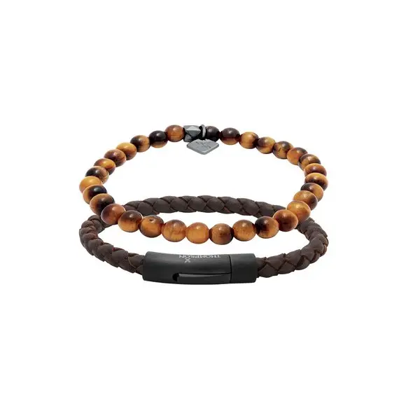 Tateossian Black / Brown Thompson Black Ip Steel Tubo Classico Set Bracelets In Brown Leather - Black/brown
