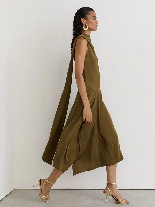 REISS Naomi Satin One-shoulder Draped Midi Dress - Khaki Green