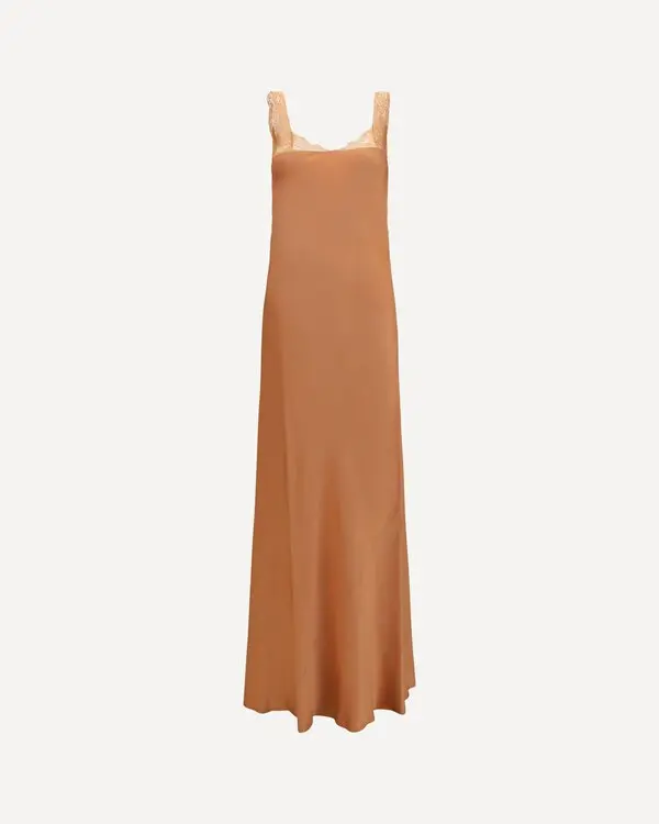 FORTE_FORTE Satin Maxi Dress With Lace Trims - Beige