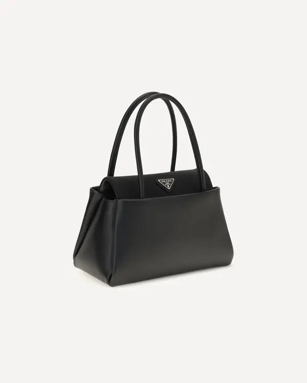 Prada Calfskin Leather Top Handle Bag With Triangle Logo - Black