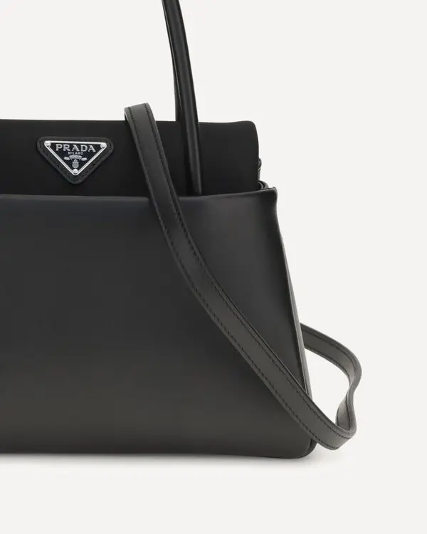 Prada Calfskin Leather Top Handle Bag With Triangle Logo - Black