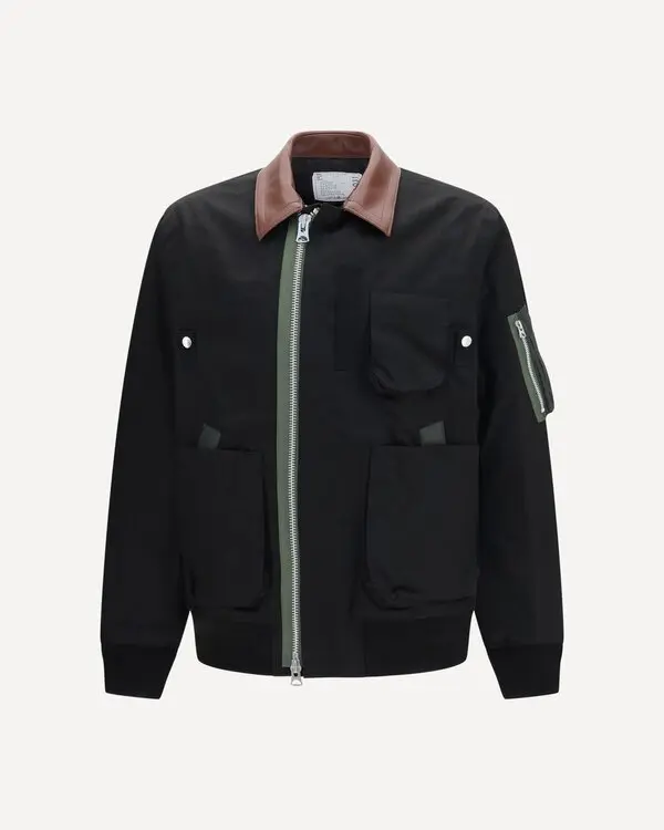 Sacai Cotton Bomber Jacket With Leather Details - Black