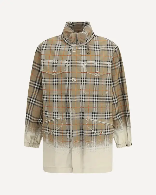 Burberry Gabardine Parka With Faded Check Print - Beige