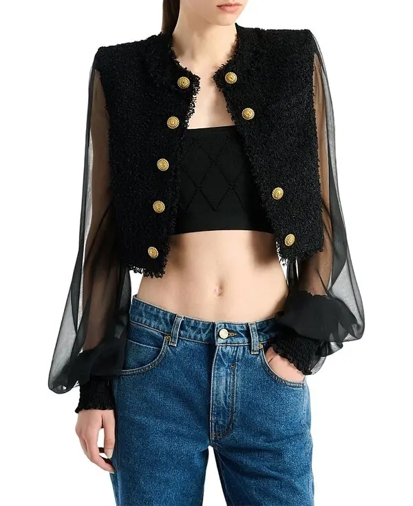 Balmain Cropped Tweed And Muslin Jacket - Black
