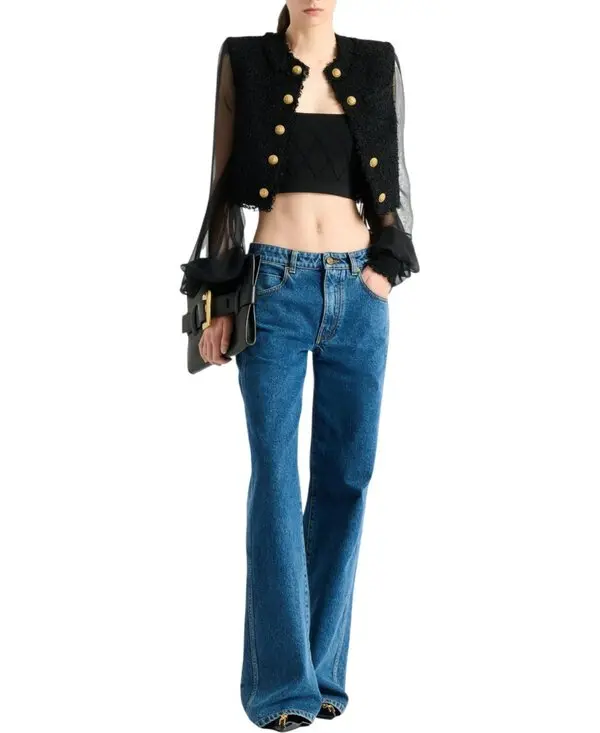 Balmain Cropped Tweed Jacket With Sheer Sleeves