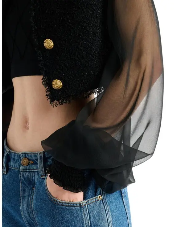 Balmain Cropped Tweed Jacket With Sheer Sleeves