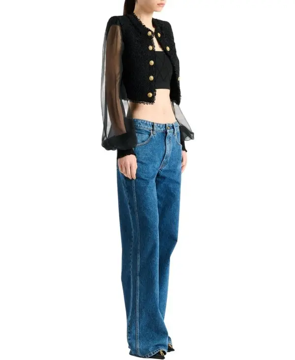 Balmain Cropped Tweed Jacket With Sheer Sleeves