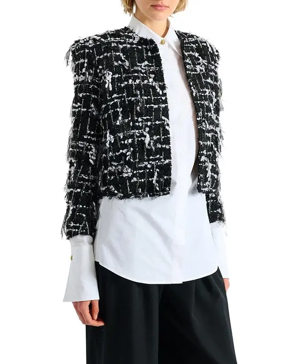 Balmain Cropped Jacket In Fringed Tweed - Black