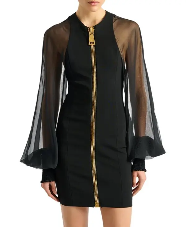 Balmain Zip Up Sheer Sleeve Mini Dress