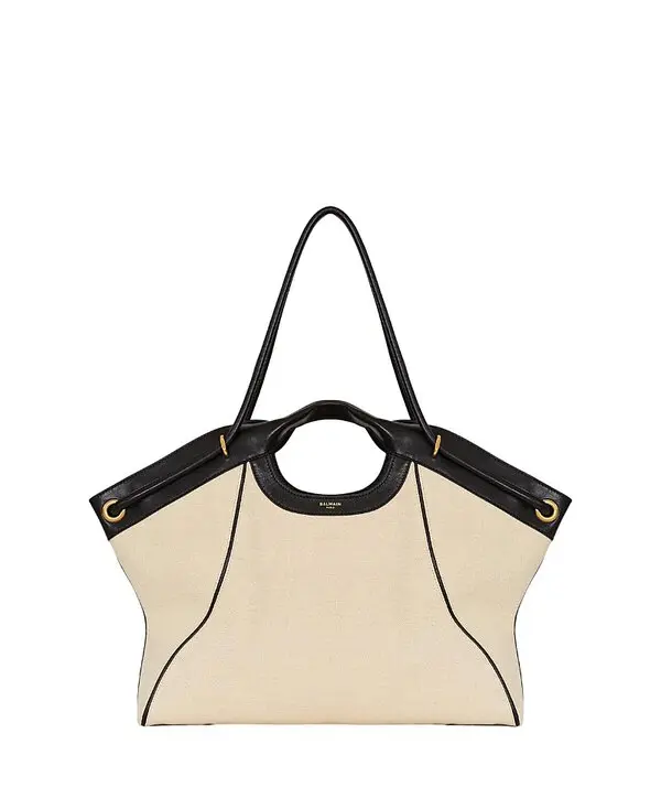 Balmain Large Tote In Smooth Leather And Canvas - Beige
