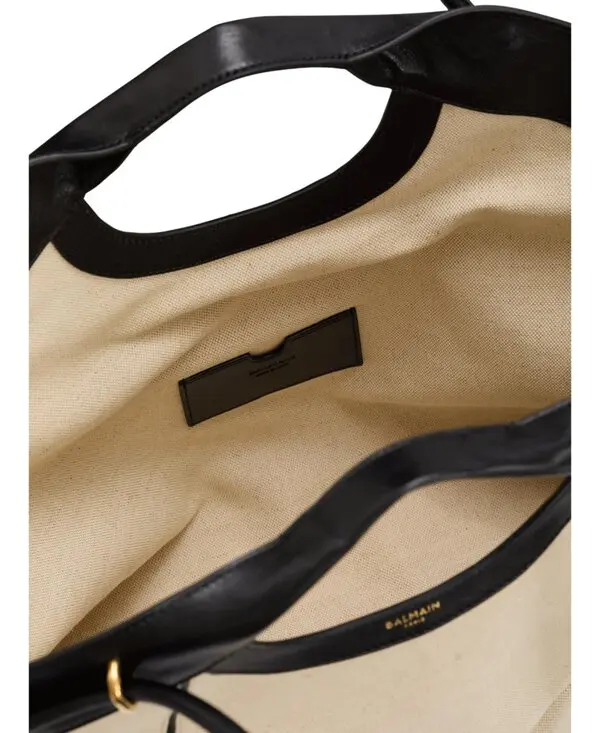 Balmain Large Tote In Smooth Leather And Canvas - Beige