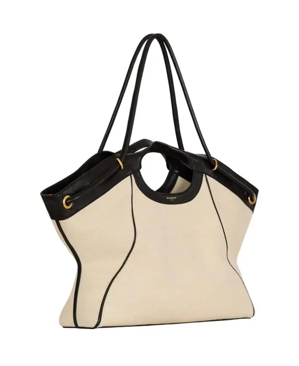 Balmain Large Tote In Smooth Leather And Canvas - Beige