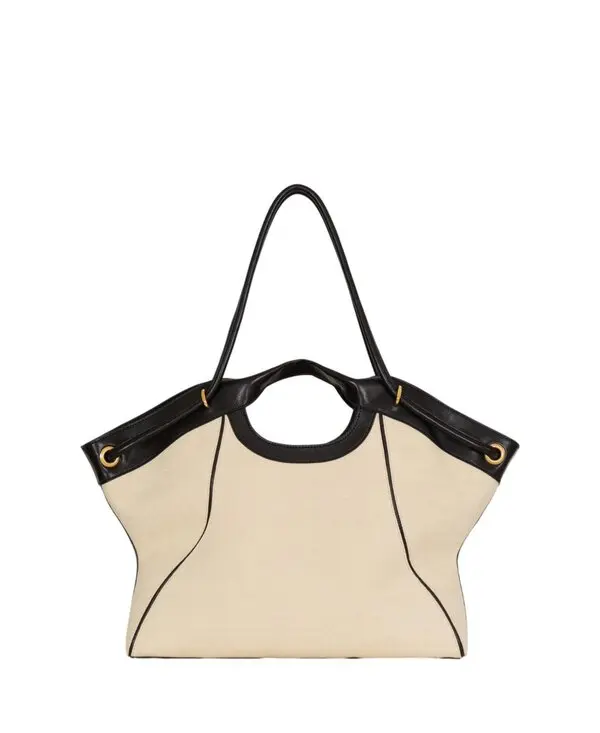 Balmain Large Tote In Smooth Leather And Canvas - Beige