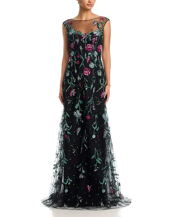 Rickie Freeman For Teri Jon Embroidered Tulle Cap Sleeve Fit And Flare Gown - Black Multi