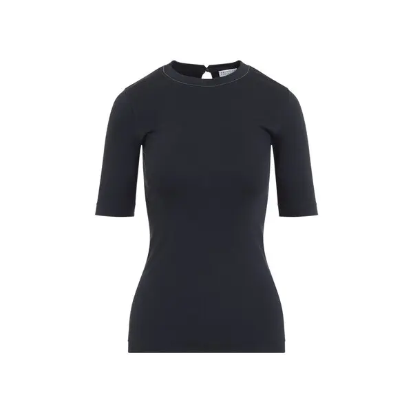 Brunello Cucinelli Ribbed T-shirt With Monili Trim - Blue