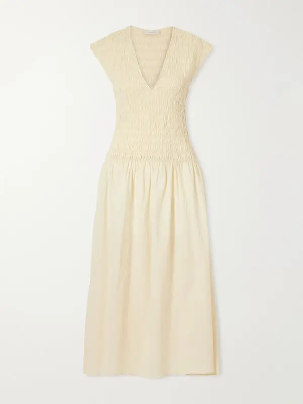 Faithfull The Brand Carmen Shirred Cotton Midi Dress - Ivory