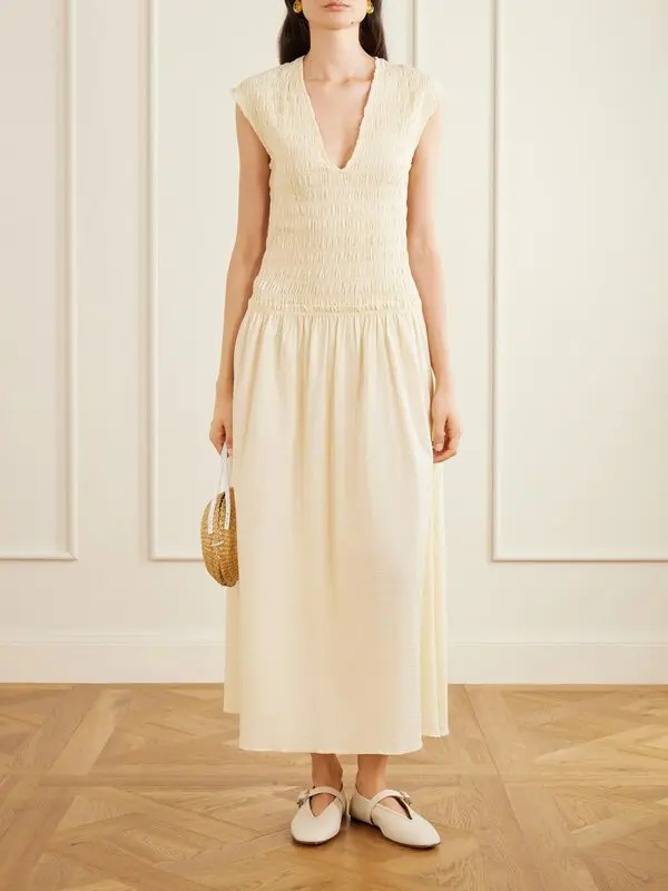 Faithfull The Brand Carmen Shirred Cotton Midi Dress