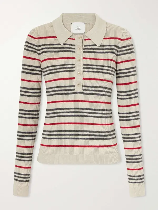 THE ELDER STATESMAN Libeccio Stripped Wool, Silk And Linen-blend Knitted Polo - Beige