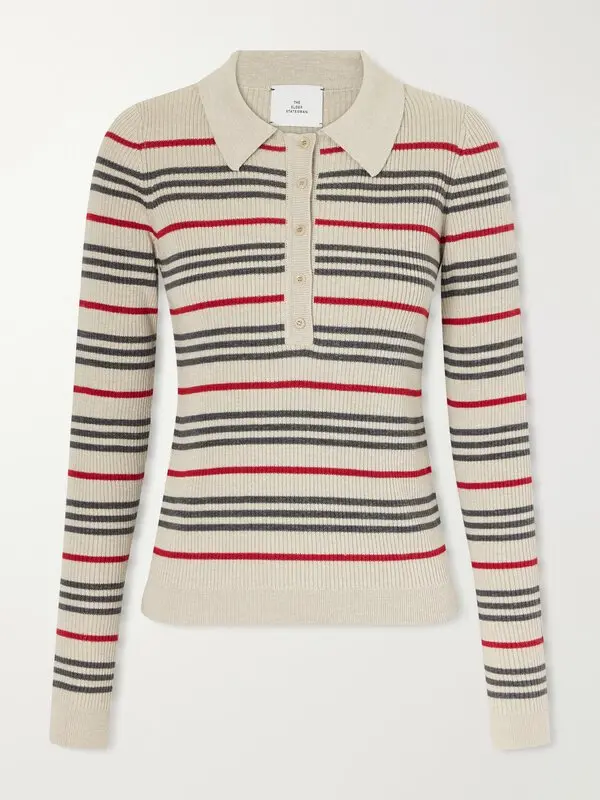 THE ELDER STATESMAN Libeccio Stripped Wool, Silk And Linen-blend Knitted Polo - Neutrals