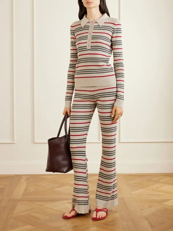 THE ELDER STATESMAN Libeccio Striped Wool, Silk, And Linen-blend Knitted Polo - Neutrals