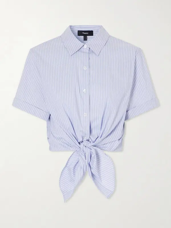 Theory Knotted Cropped Striped Cotton-blend Poplin Shirt - Blue