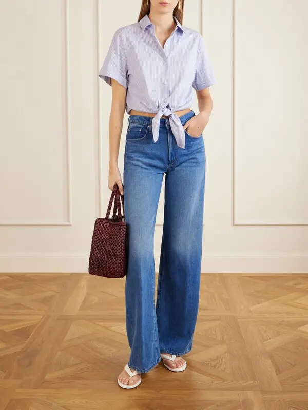 Theory Knotted Cropped Striped Cotton-blend Poplin Shirt - Blue