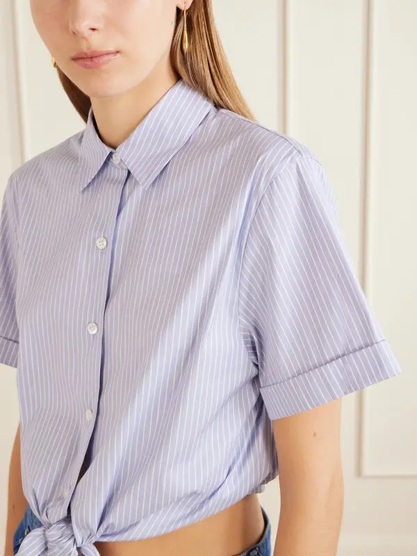 Theory Knotted Cropped Striped Cotton-blend Poplin Shirt - Blue