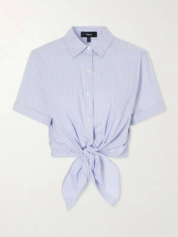 Theory Knotted Cropped Striped Cotton-blend Poplin Shirt - Light Blue