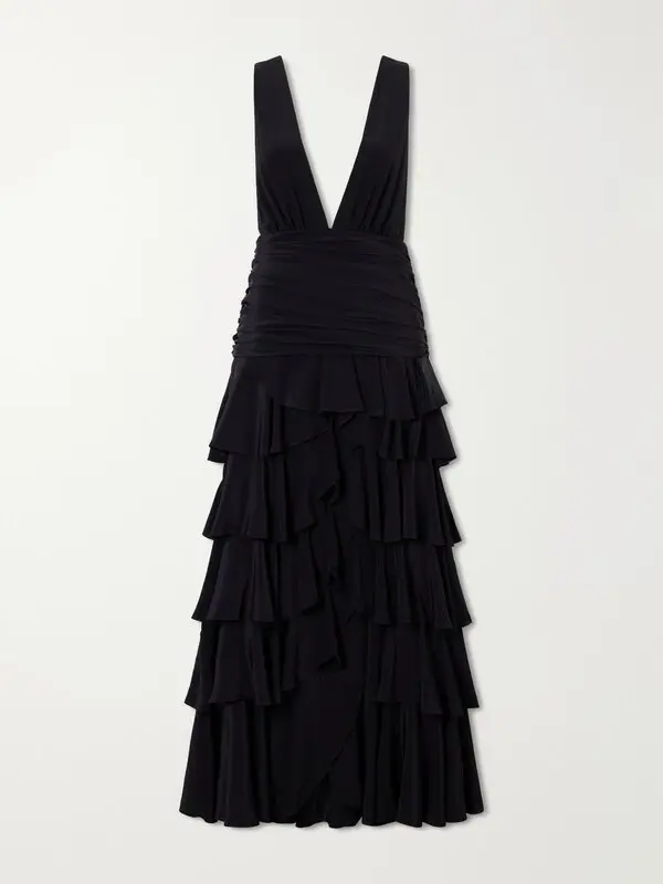 Johanna Ortiz Tiered Ruffled Silk-crepe Maxi Dress - Black