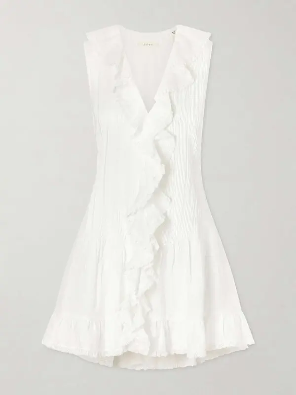 DÔEN Henrietta Ruffled Embroidered Ramie Mini Dress - White