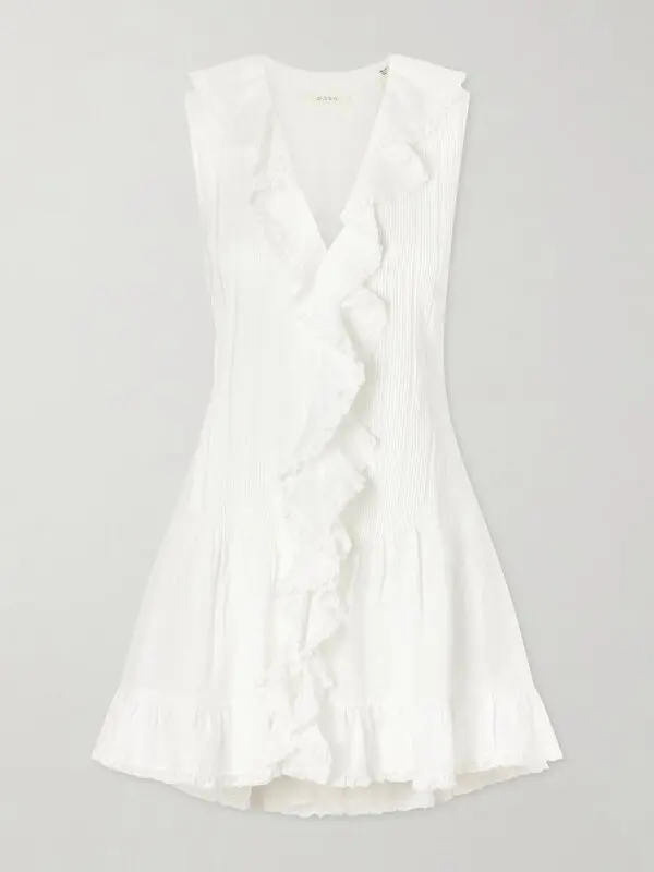 DÔEN Henrietta Ruffled Embroidered Ramie Mini Dress - White