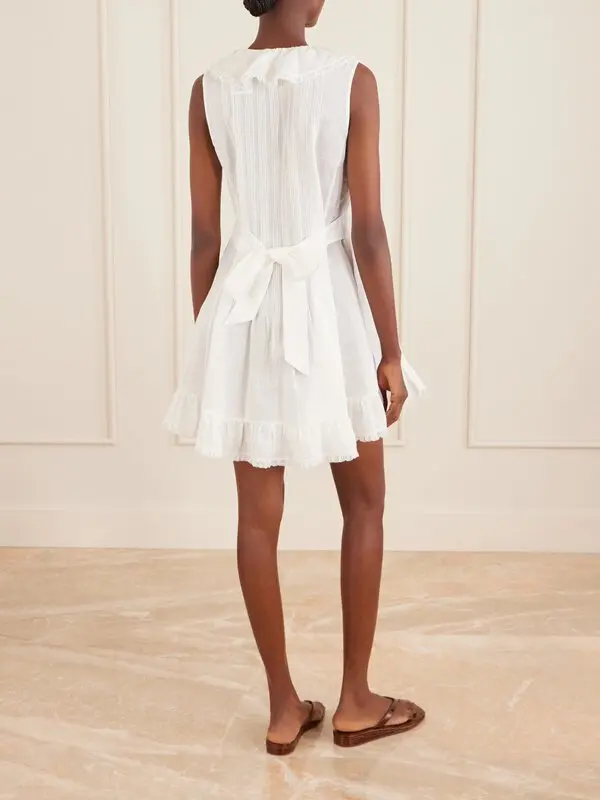 DÔEN Henrietta Ruffled Embroidered Ramie Mini Dress - White
