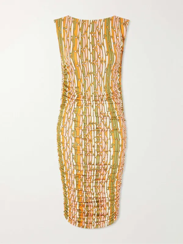 La DoubleJ Printed Ruched Mesh Mini Dress - Orange