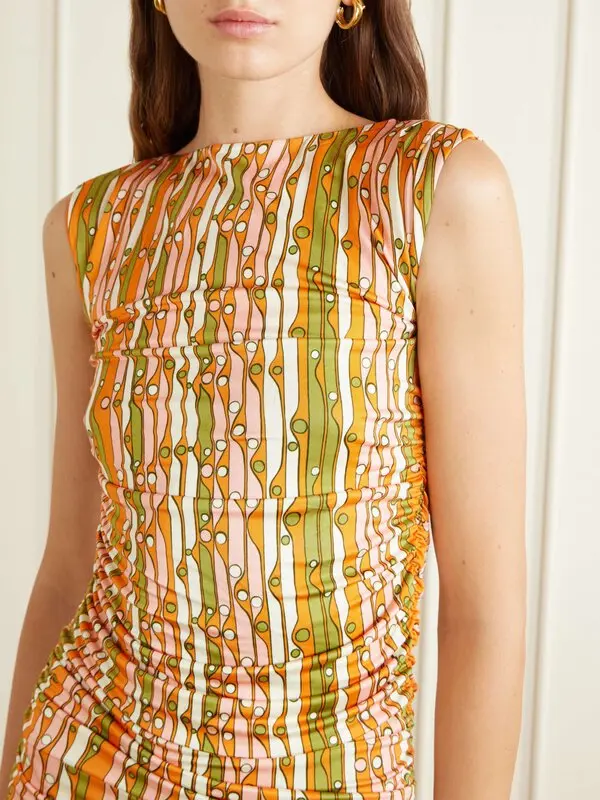 La DoubleJ Printed Ruched Mesh Mini Dress