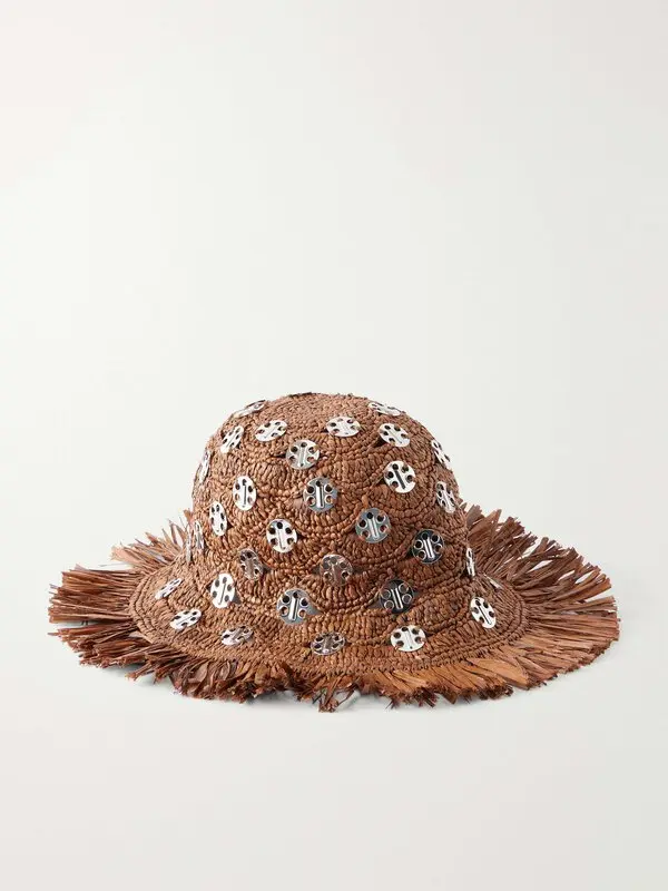 Rabanne Autres Embellished Fringed Raffia Hat - Brown