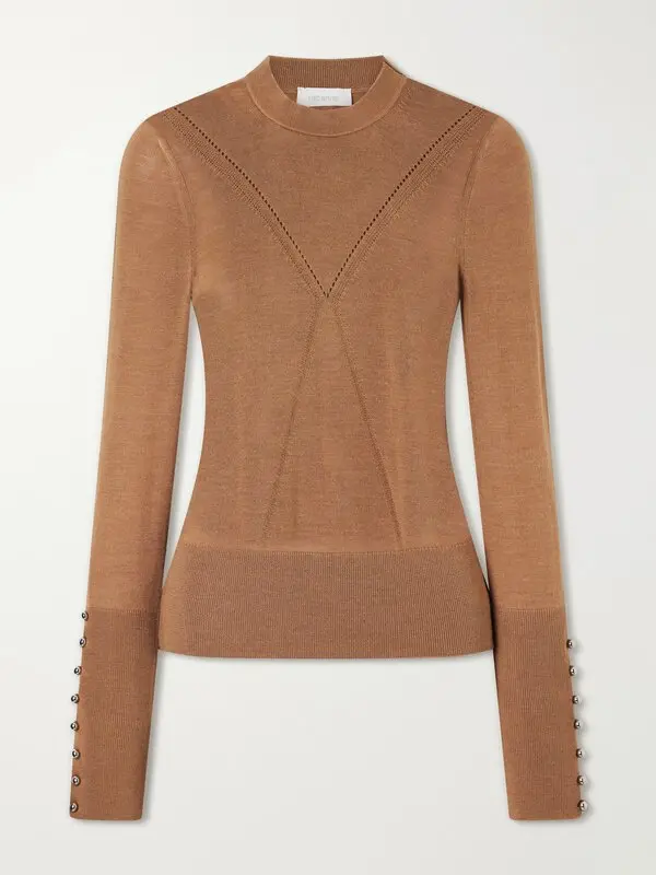 Rabanne Ribbed Embellished Wool And Silk-blend Sweater - Brown