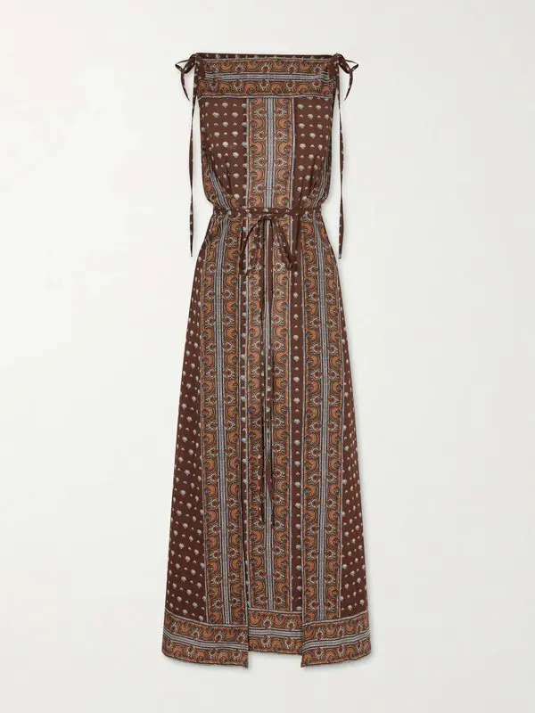 DÔEN Amarante Belted Printed Organic Cotton-voile Midi Dress - Brown