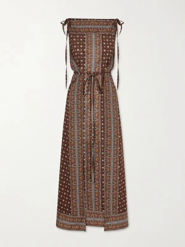 DÔEN Amarante Printed Organic Cotton-voile Belted Midi Dress - Brown