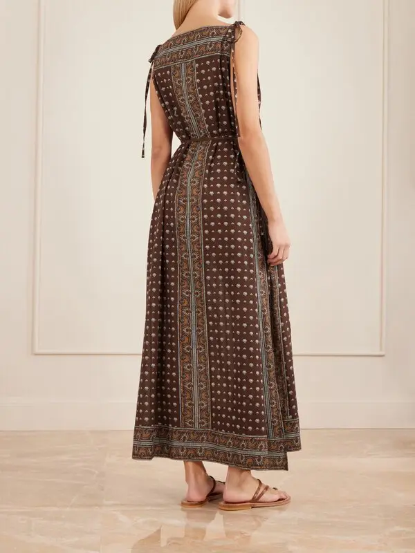 DÔEN Amarante Printed Organic Cotton-voile Belted Midi Dress - Brown