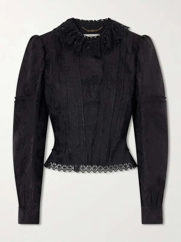 Chloé Ruffled Lace-trimmed Floral-jacquard Jacket - Black