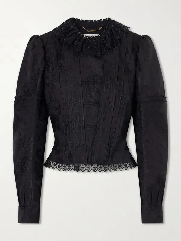 Chloé Ruffled Lace-trimmed Floral-jacquard Jacket - Black