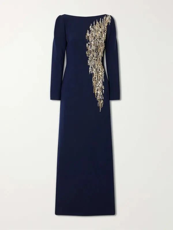 Jenny Packham Avana Crystal And Bead-embellished Crepe Gown - Navy