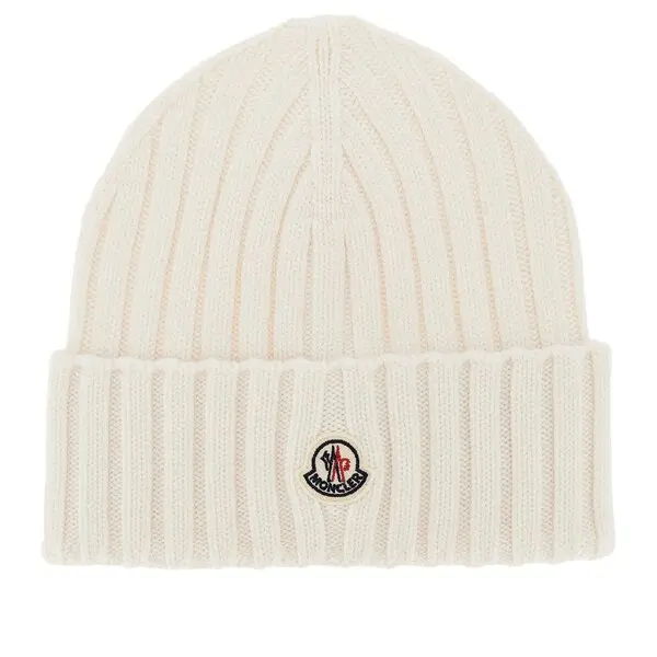 Moncler Wool Beanie Hat With Logo Patch - White